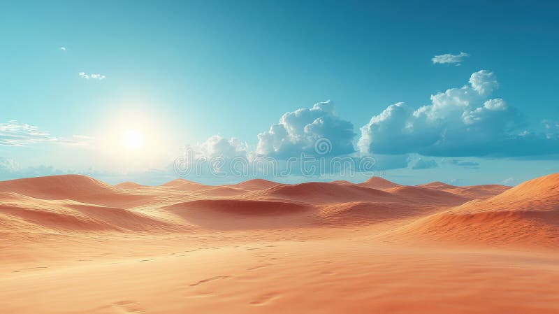 Expansive Desert Landscape Under Bright Sun with Scattered Clouds and ...