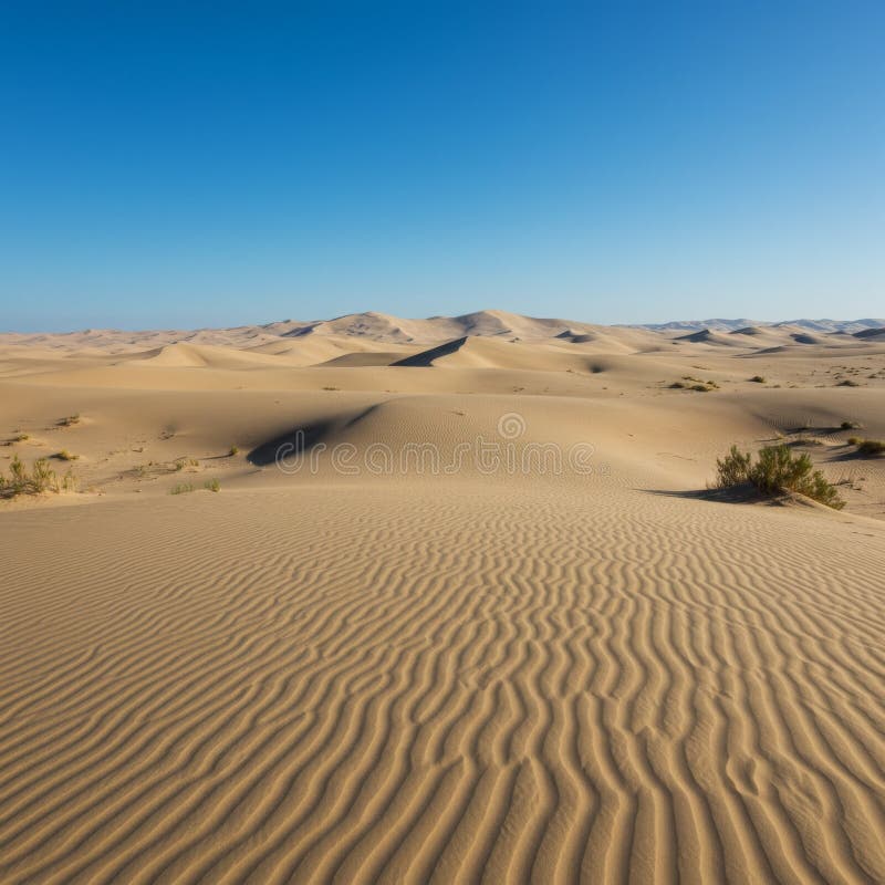 Expansive Desert Landscape with Wavy Sand Dunes Under a Clear Blue Sky ...