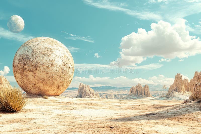 Vast Desert Landscape with Large Spherical Rock Formation and Distant ...