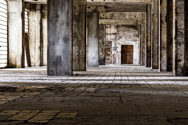 Old Empty Factory Hall with Concrete Columns and Glass Windows Stock ...