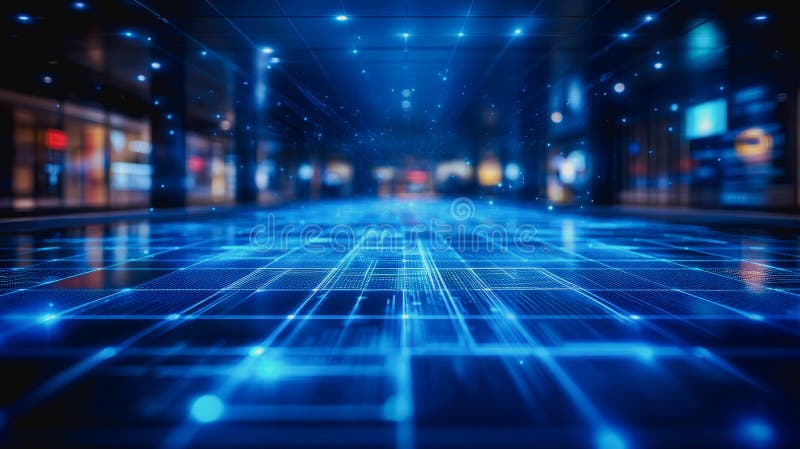 Expansive Digital Floor with Intricate Blue Glow Stock Image - Image of ...