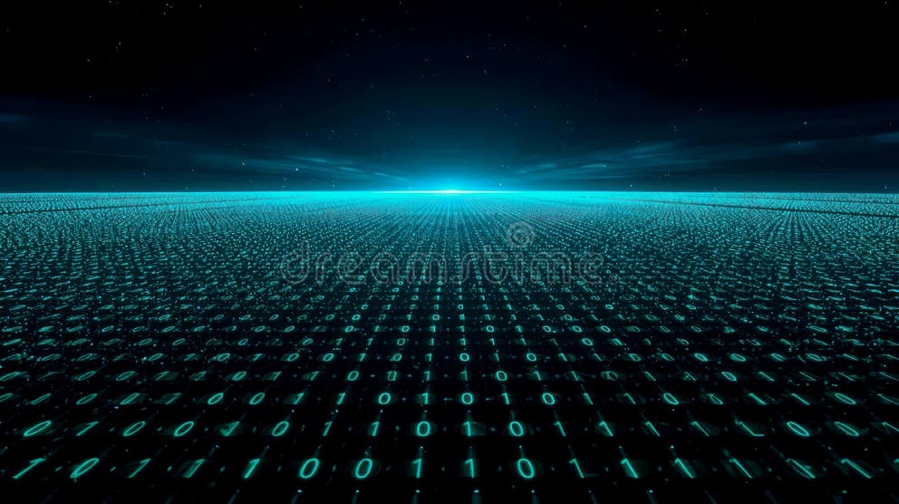 Expansive Digital Landscape Filled with Glowing Binary Code and Twilight Sky Stock Photo - Image ...