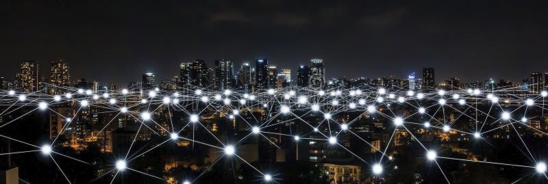 Expansive Digital Network Web Over City at Night Stock Illustration ...