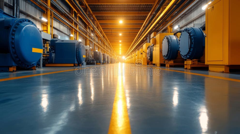 Expansive Engine Room with Turbines and Generators Illuminated by ...