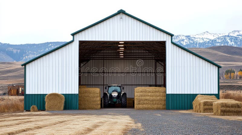 Expansive Farm Shed with Tractor and Hay Bales Stock Photo - Image of ...