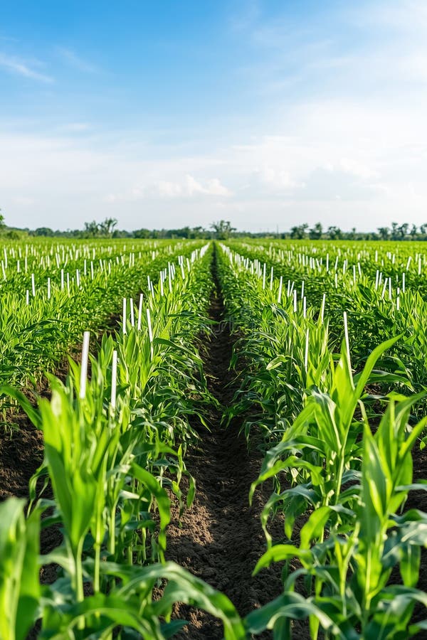In an Expansive Field, Rows of Lush Green Crops Flourish Under a Blue ...