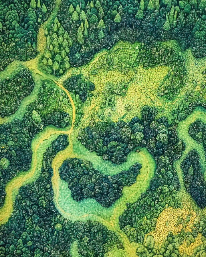 Expansive Forest Viewed from Above, Showcasing Pathways and Clearings ...