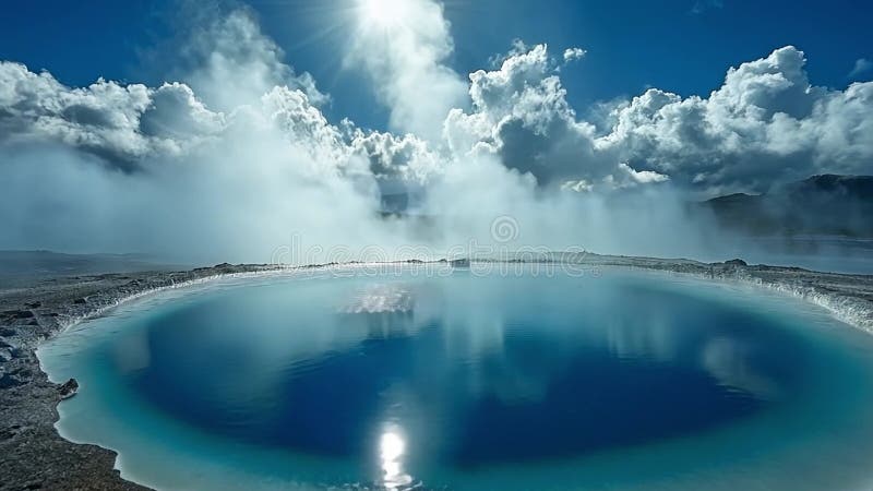 An Expansive Geothermal Pool Reflects the Sun while Steam Rises into ...
