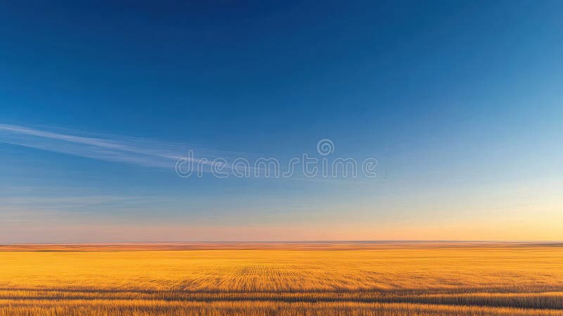 Expansive Golden Field Under Clear Blue Sky with Horizon View at Sunset ...