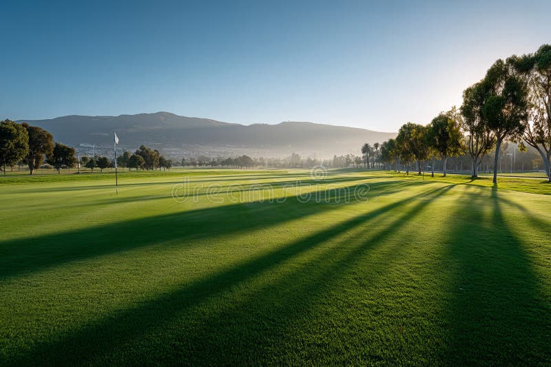 Expansive Green Golf Course Landscape with Long Shadows and Distant ...