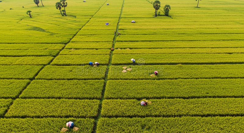 Expansive Green Rice Fields are Seen from Above, Segmented into Neat ...