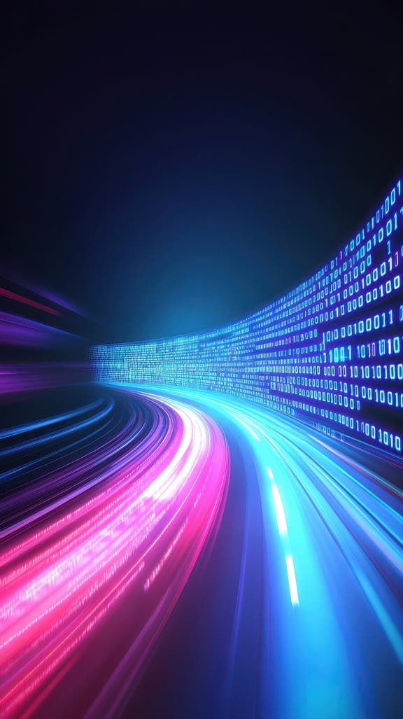 Expansive Highway Overlaid with Binary Code Symbols Representing the ...