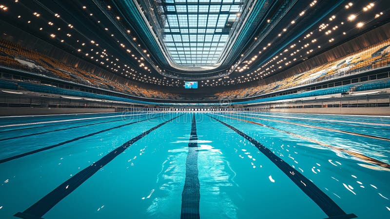 Expansive Indoor Olympic Swimming Pool with Dive Platforms Under Bright ...