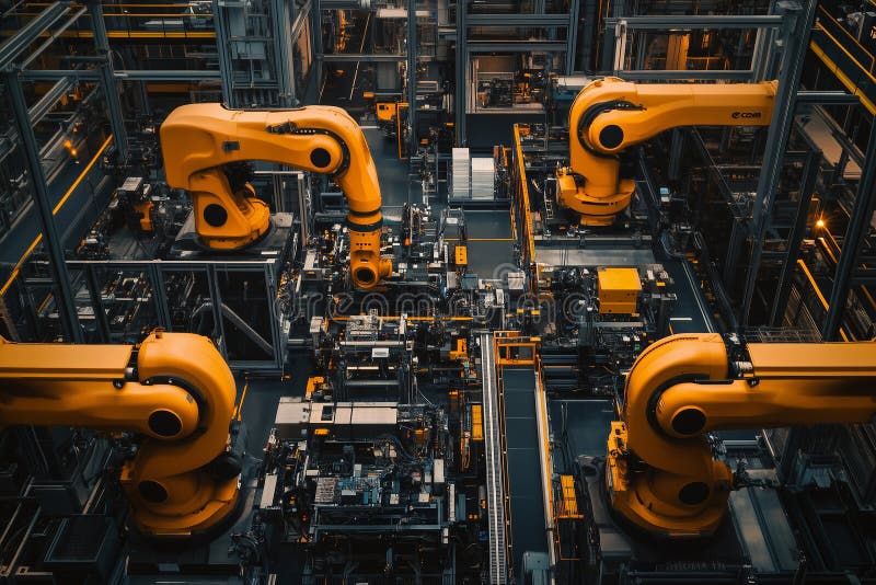 Aerial View Showcases Industrial Robots Working in a Complex ...