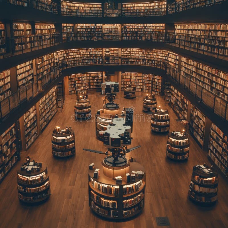 Expansive Interior of Modern Library with Circular Bookshelves Stock ...