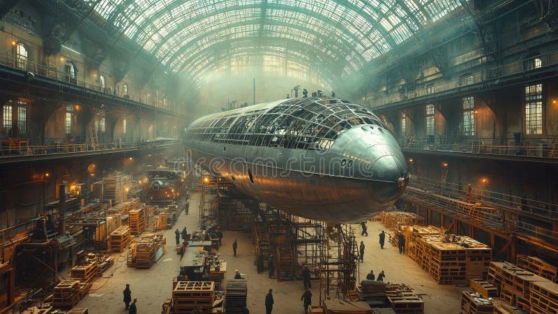 Early Airship Construction Workshop Stock Illustration - Illustration ...