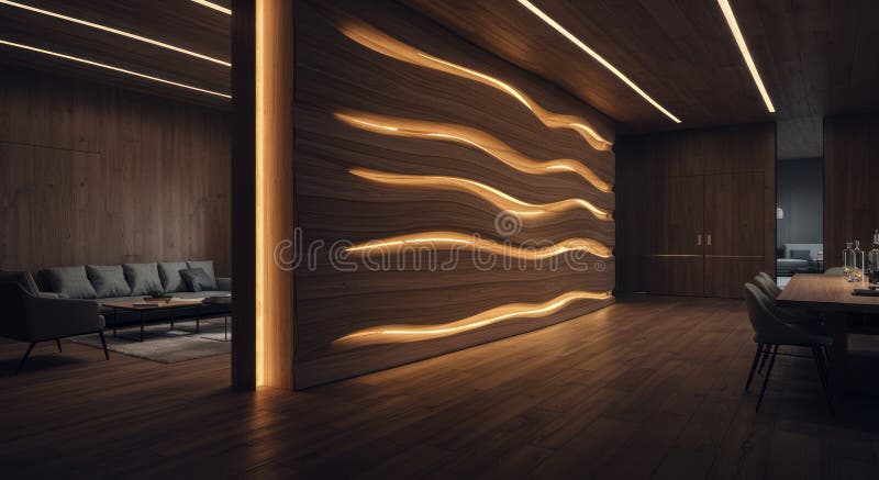 Expansive Interior with a Wooden Wall Featuring Flowing, Wave-like ...