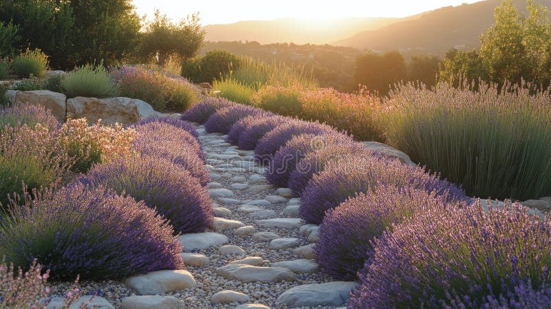 Expansive Lavender Garden Lining a Scenic Stone Pathway in Bright ...