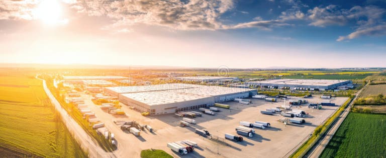 The Expansive Logistics Warehouse Surrounded by Lush Fields at Sunset ...