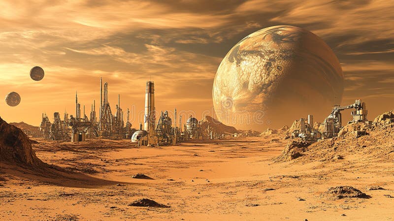 A Vast Martian Landscape Features Futuristic Structures Against a ...