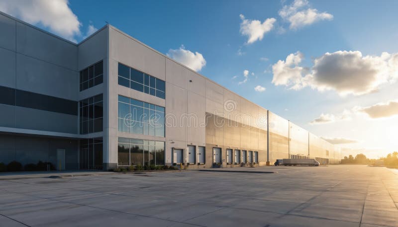 Expansive Modern Warehouse Facility with Large Glass Windows, Numerous ...