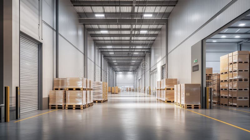 Expansive and Modern Warehouse Interior with Stacked Pallets and High ...