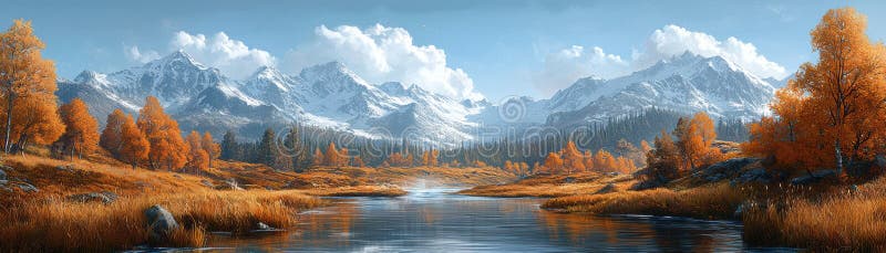 Expansive Natural Scene Featuring Mountains, River, and Autumn Trees ...
