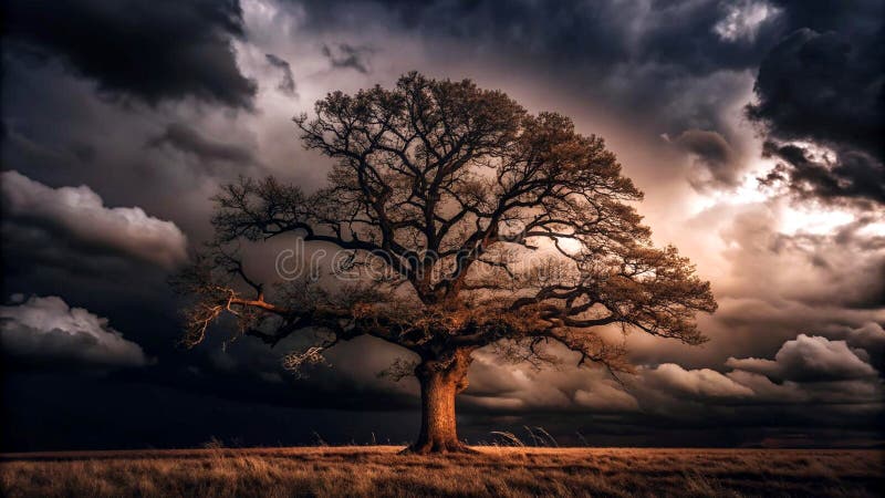 A Lone, Majestic Oak Tree Stands Tall Against a Dramatic, Stormy Sky ...