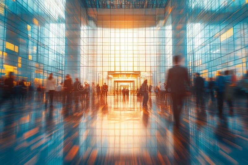 An Expansive Office Complex with a Motion Blur Effect Capturing Workers ...