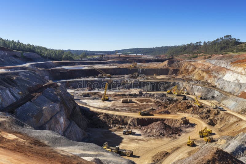 Expansive Open-Cast Mine with Earth Movers and Blue Water Reservoir ...