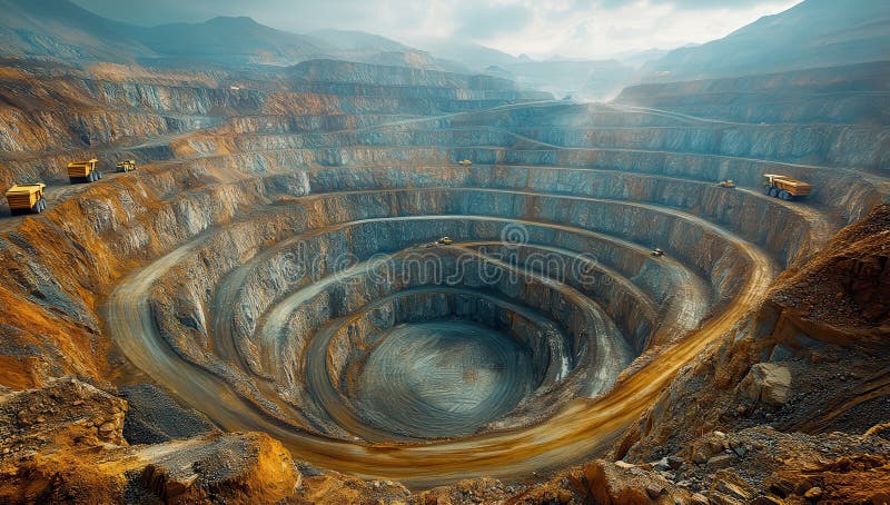 Dynamic Open-pit Mine Showcasing Heavy Machinery and Trucks Engaged in ...