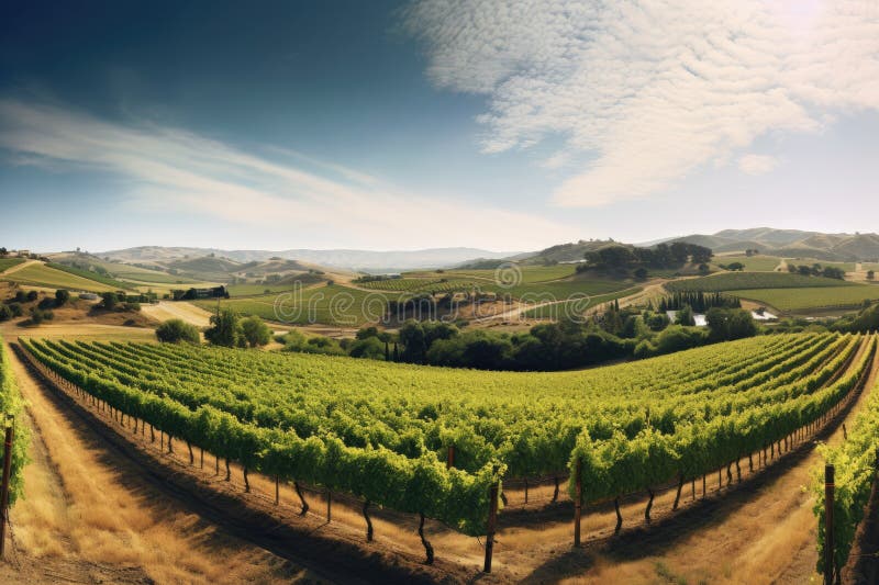 Expansive Panoramic Shot of a Sun-drenched Vineyard in the Countryside ...