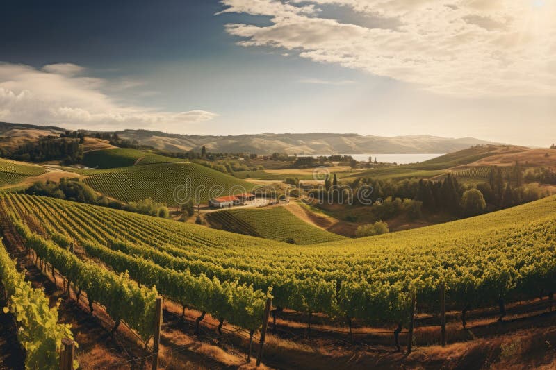 Expansive Panoramic Shot of a Sun-drenched Vineyard in the Countryside ...