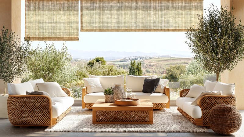 This Expansive Patio Features Roller Shades and Comfortable Lounge ...