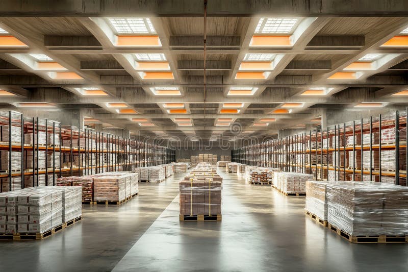 Expansive Production Warehouse Showcasing Organized Rows of Goods in a ...