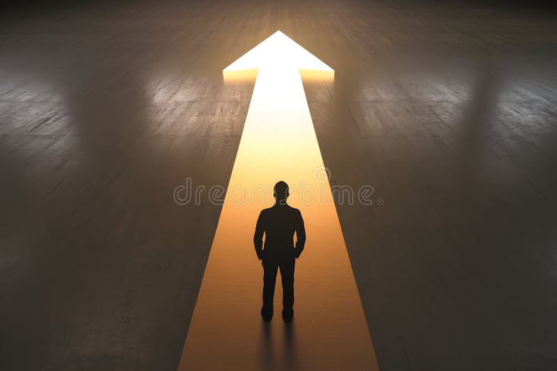 Lighted Arrow Path Upward, with Figure Contemplating Hopeful Direction ...