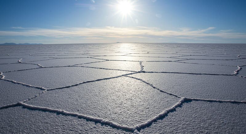 Expansive Salt Flats Under a Clear Blue Sky, with the Sun Shining ...