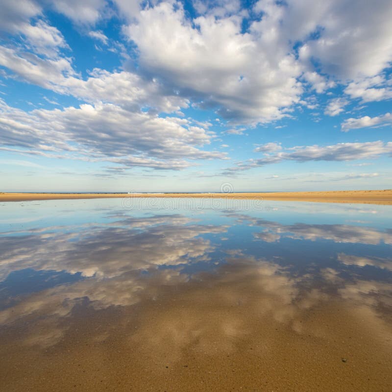 Expansive Sandy Beach with a Calm, Reflective Surface. the Sky is ...