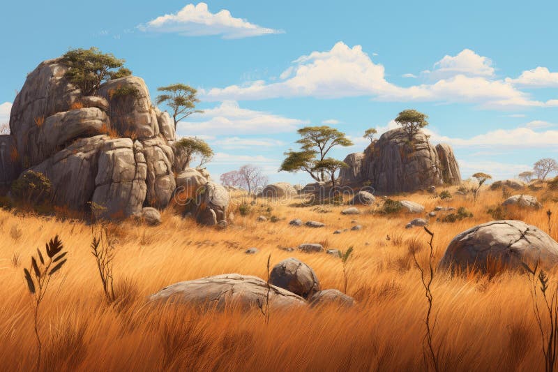 Expansive Savanna Rocks Field Grass. Generate Ai Stock Illustration ...