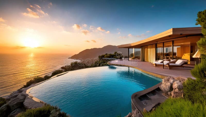 An Expansive Seaside Infinity Pool within a Luxurious Estate, Perched ...