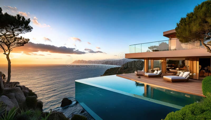 An Expansive Seaside Infinity Pool within a Luxurious Estate, Perched ...