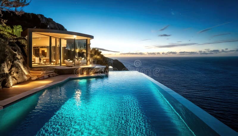 An Expansive Seaside Infinity Pool within a Luxurious Estate, Perched ...