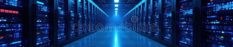 Expansive Server Hall, Rows of Blue and Black Mainframes , Machine ...