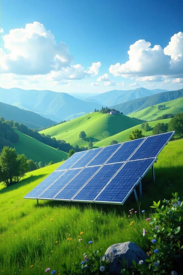 Expansive Solar Array Atop Rolling Green Hill, Technology, Sustainable ...
