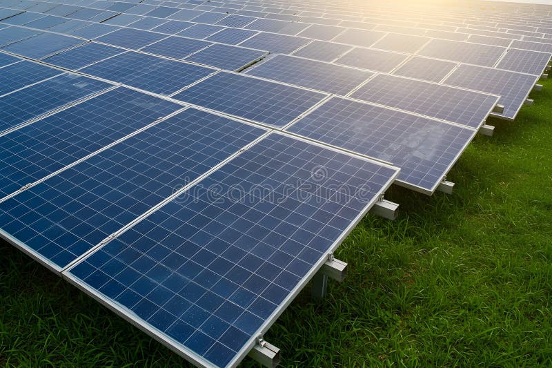 Expansive Solar Farm with Blue Panels and Green Grass Under Bright ...