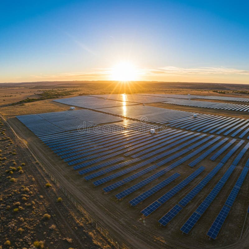 Expansive Solar Farm Set in a Barren Landscape during Sunset. Rows of ...