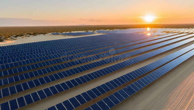 Expansive Solar Farm at Sunrise in Desert Landscape Stock Illustration ...