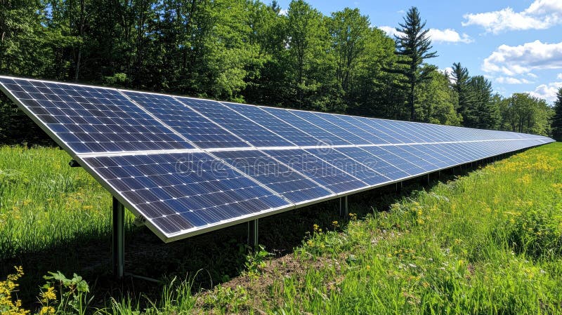 Expansive Solar Panel Array on Green Grassy Field Under Clear Blue Sky ...