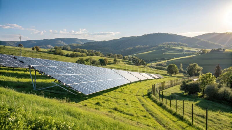 Expansive Solar Panel Array in Scenic Green Landscape at Sunset Stock ...