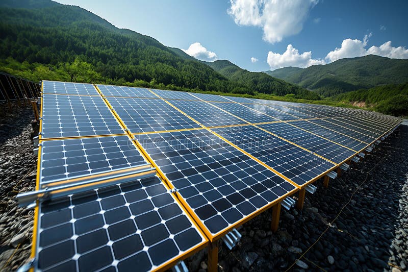 Expansive Solar Panel Array Set in a Mountainous Landscape. Themes of ...